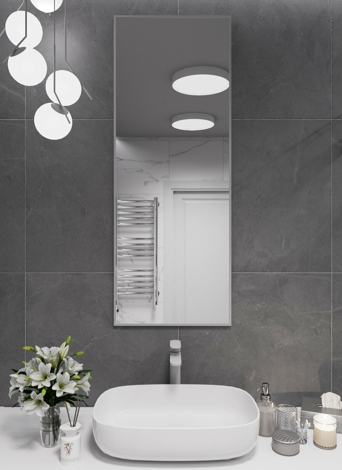 Зеркало в алюминиевой раме настенное ONE MIRROR 120х40 см. Серебро