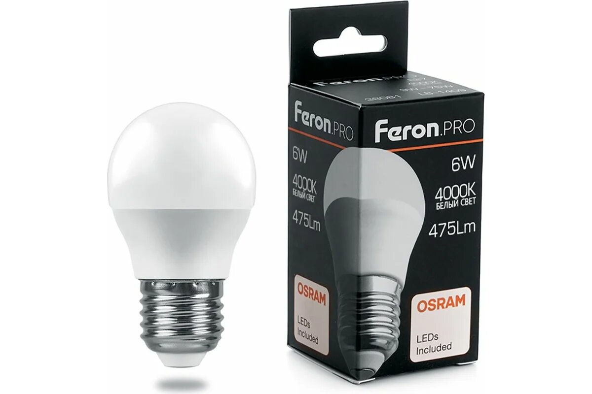 FERON PRO LB-1406 Шарик светодиодная лампа E27 6W 4000K OSRAM LED 38069 для дома