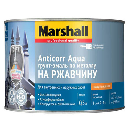Грунт-эмаль MARSHALL ANTICORR AQUA антикоррозийная, акриловая, полуглянцевая, база BW (белая) 0,5л