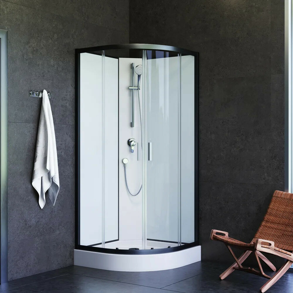 Душевая кабина с поддоном Am.Pm Joy, прозрачная, профиль матово-черный, полочка с встроенным смесителем, 90x90 см