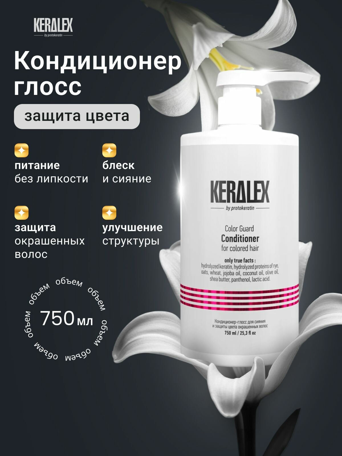 Кондиционер-глосс для сияния и защиты цвета окрашенных волос 750ml. Keralex