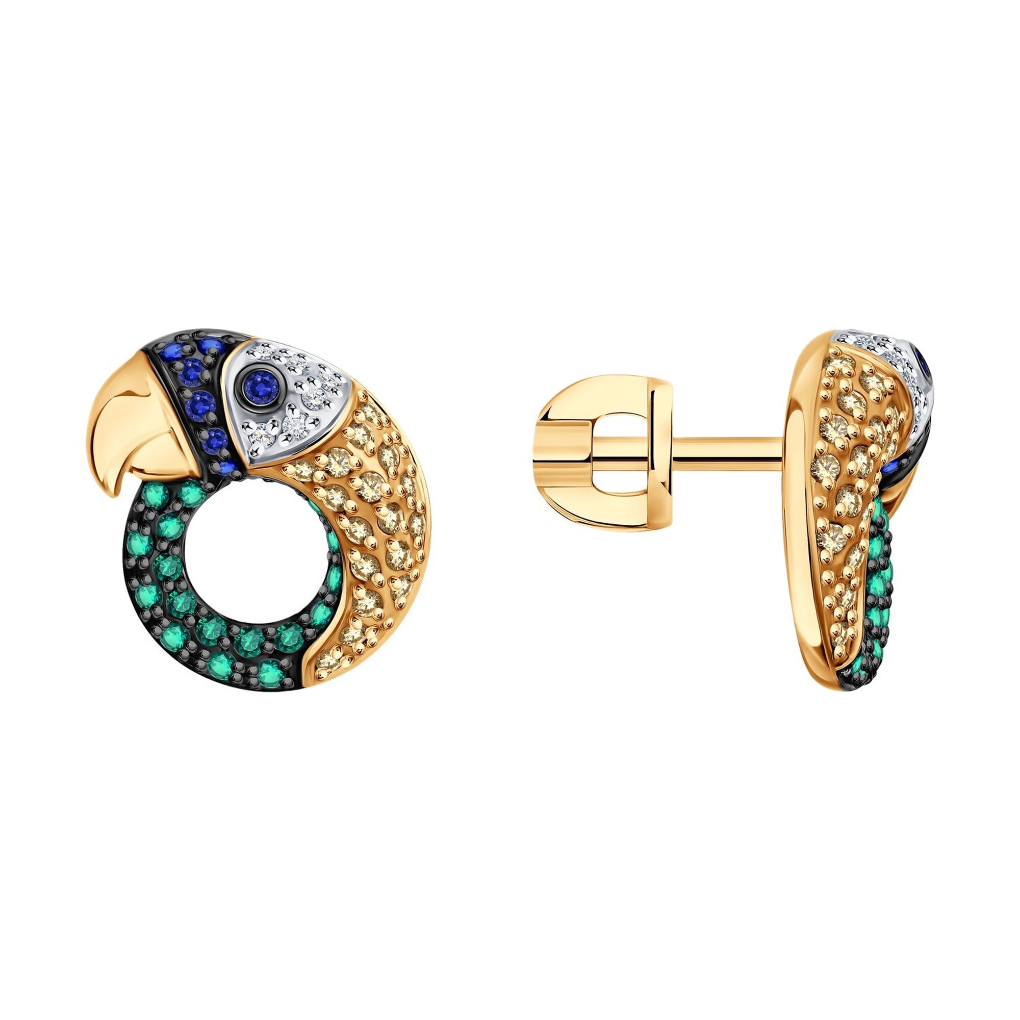Серьги пусеты, красное золото, 585 проба, сапфир, изумруд, бриллиант