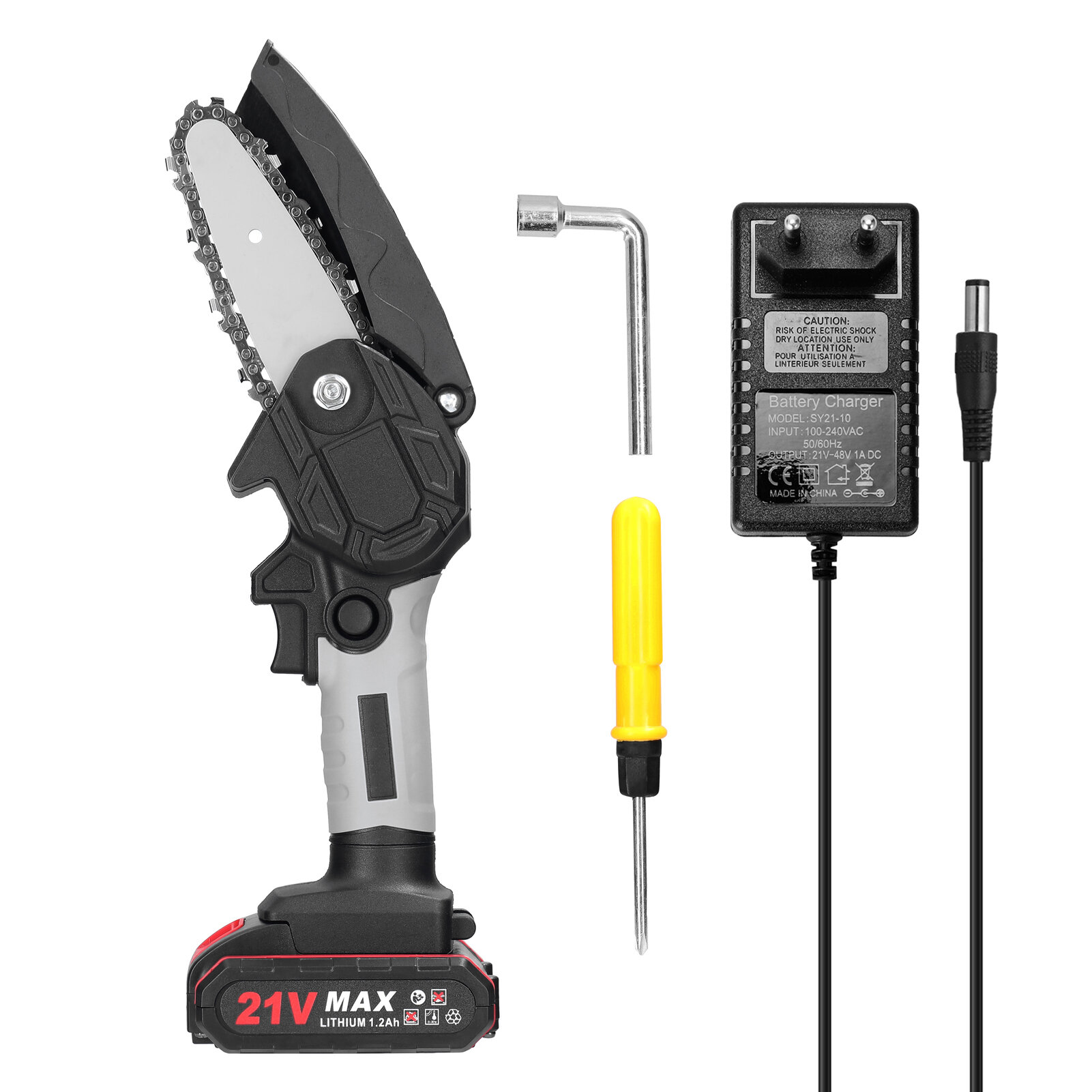 21 В 4-дюймовая портативная электрическая пила для обрезки деревьев, небольшая цепная пила для колки дров, щеточный двигатель, одноручный инструмент для работы по дереву в саду или фруктовом саду.