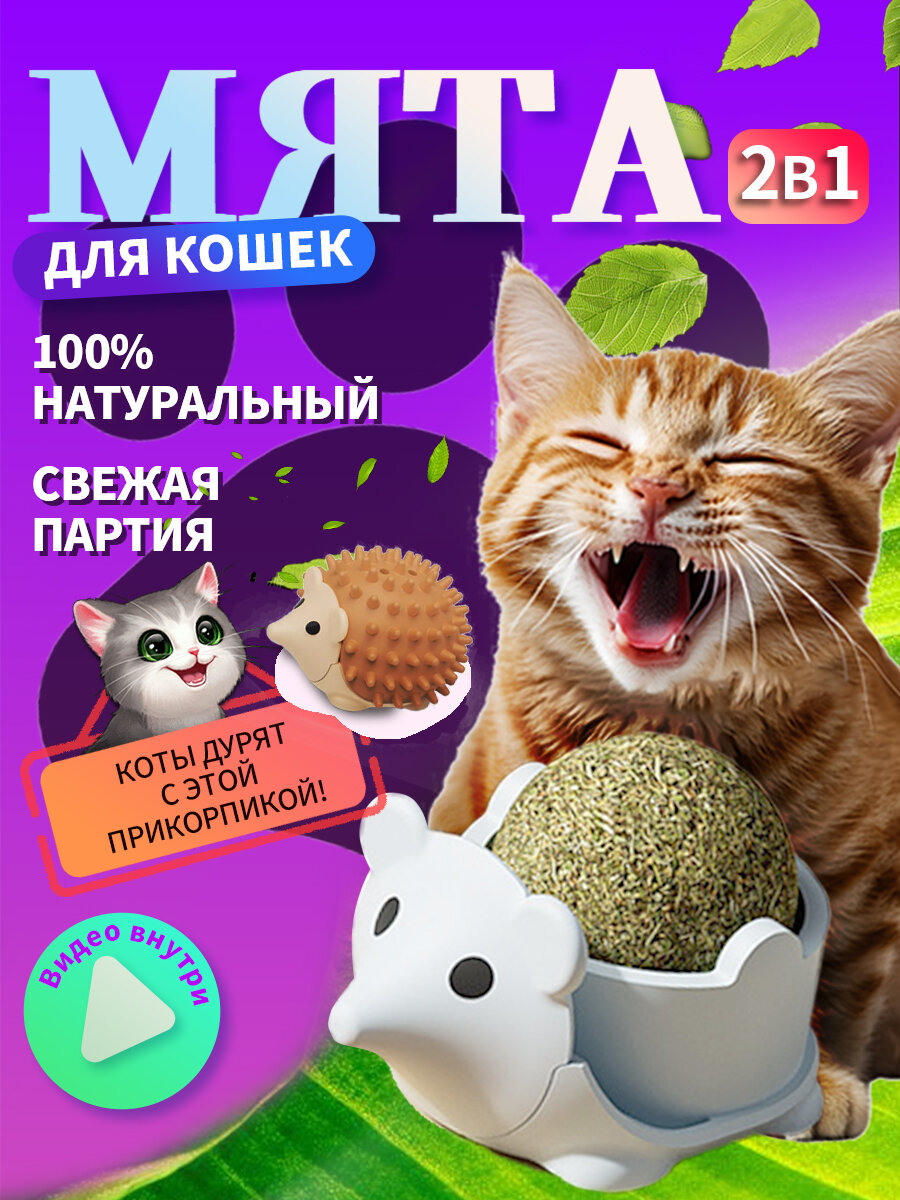 Игрушка для кошек "Ёжик с кошачьей мятой" , с массажным эффектом, для чистки зубов