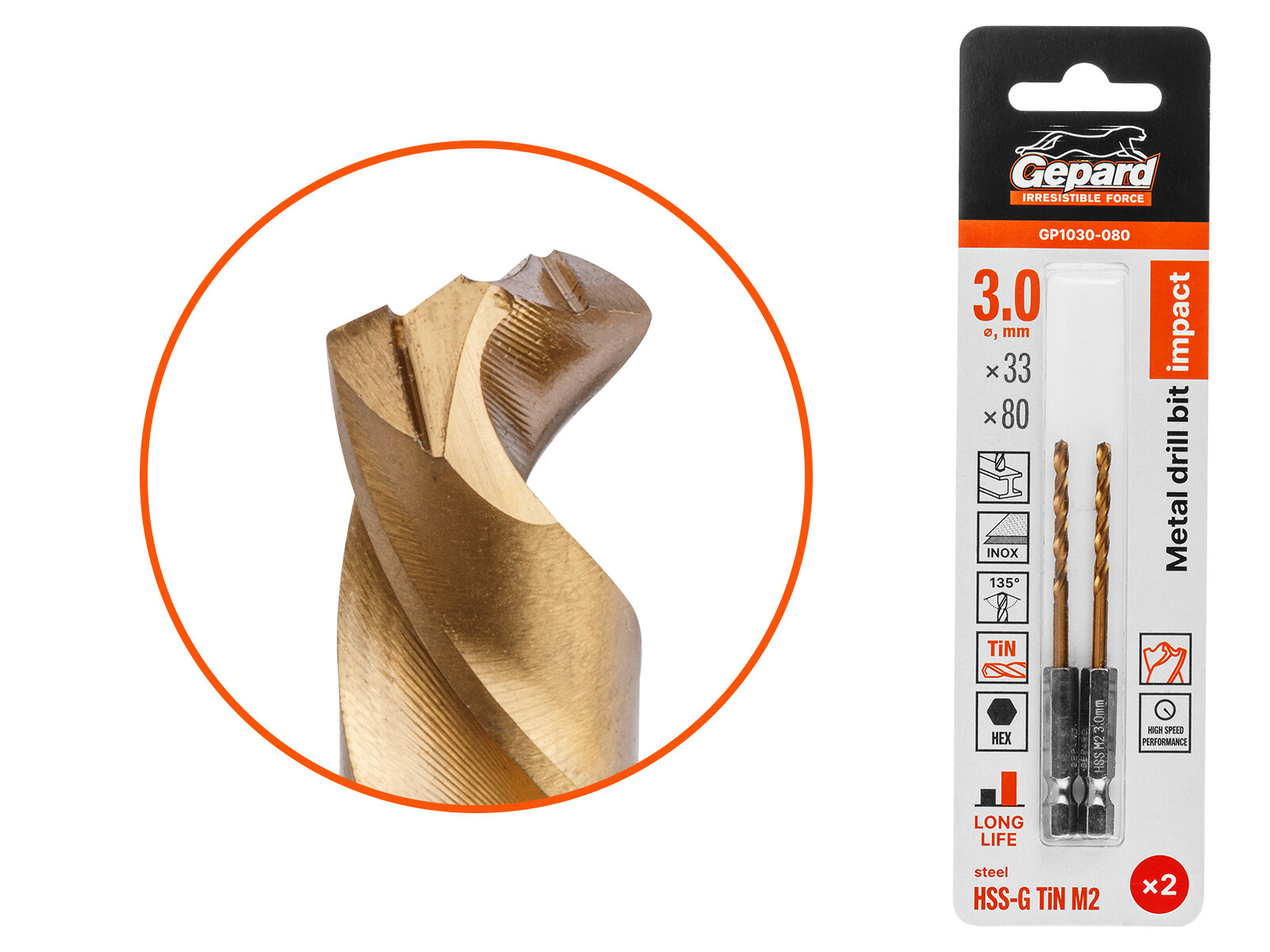 Сверло по металлу спиральное 3х33х80 мм GEPARD HSS-G TIN (GP1030-080)