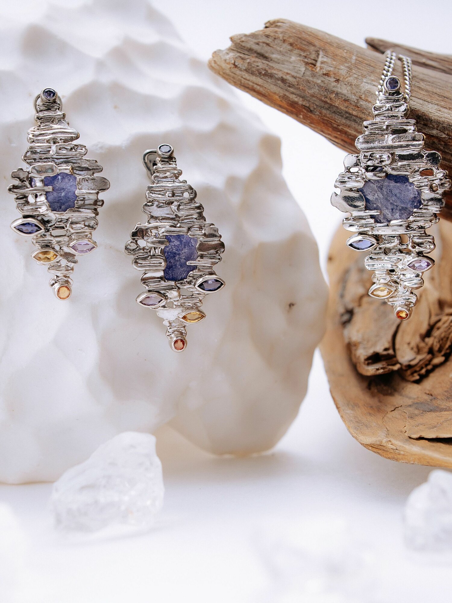 Шарм, серебро, 925 проба, родирование, цитрин, бриллиант, аметист, иолит, сапфир