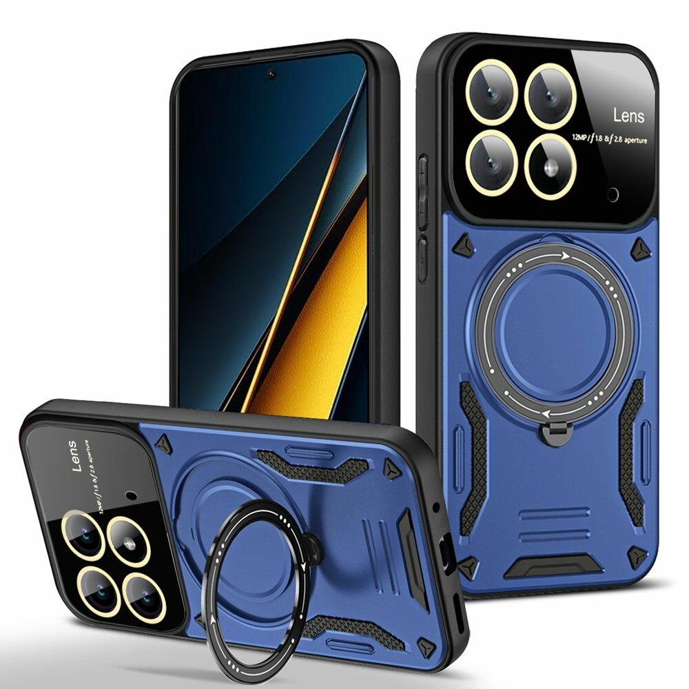 Чехол на Poco F6 Pro/ F6Pro, Прочный бронированный чехол для Поко Ф6 Про, Полная защита объектива, подставка с большим кольцом--