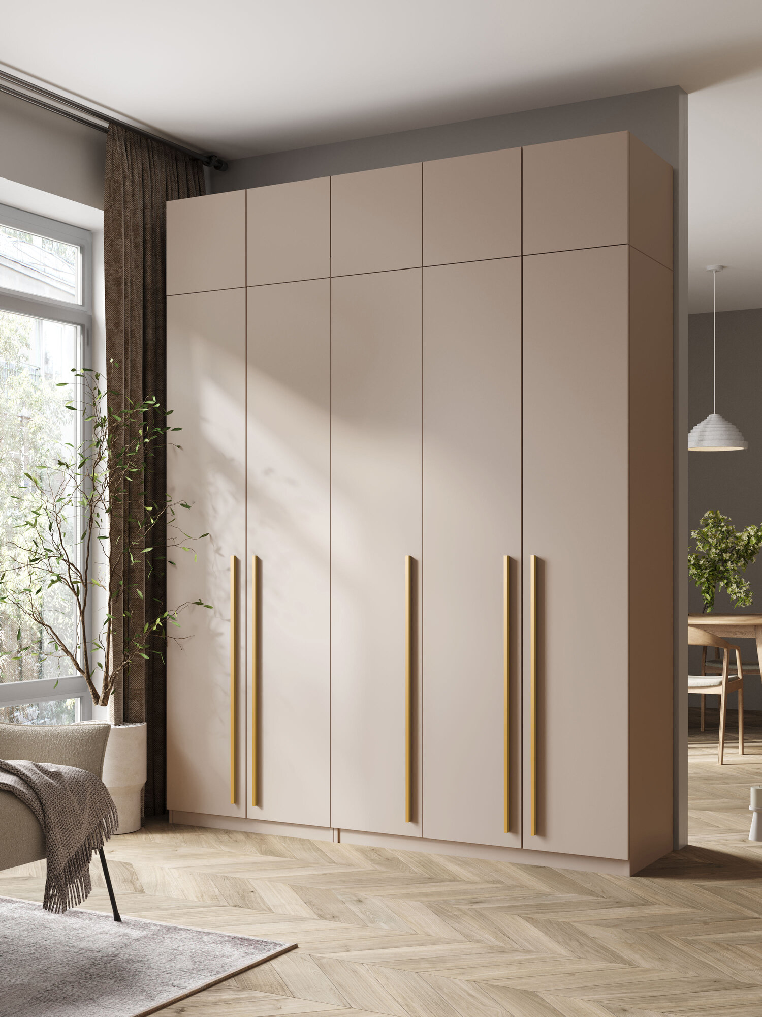 Шкаф для одежды распашной с ящиками 5-ти дверный с антресолью, Принцесса Мелания, Кашемир, 2600х2000х520 мм