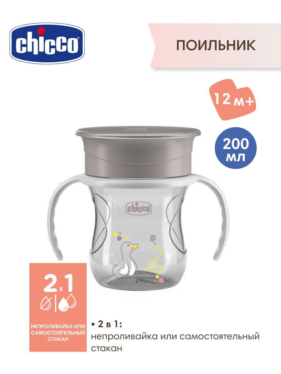 Поильник-непроливайка детский Chicco Perfect Cup 360, 200 мл, 12 мес+, серый