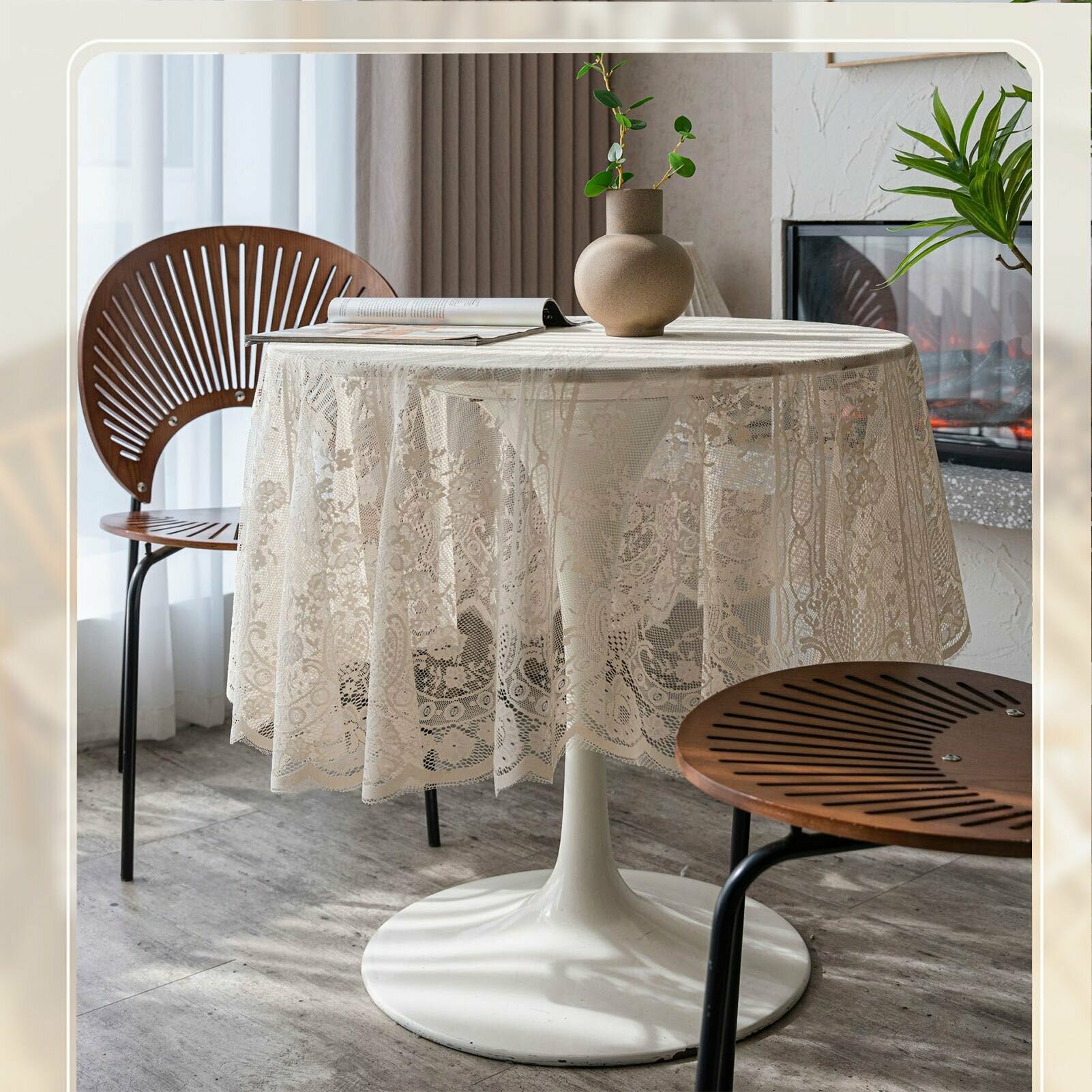Скатерть "Кружево", хлопок, круглая, 150x150 см/190x190 см, бежевая, цветы и растения