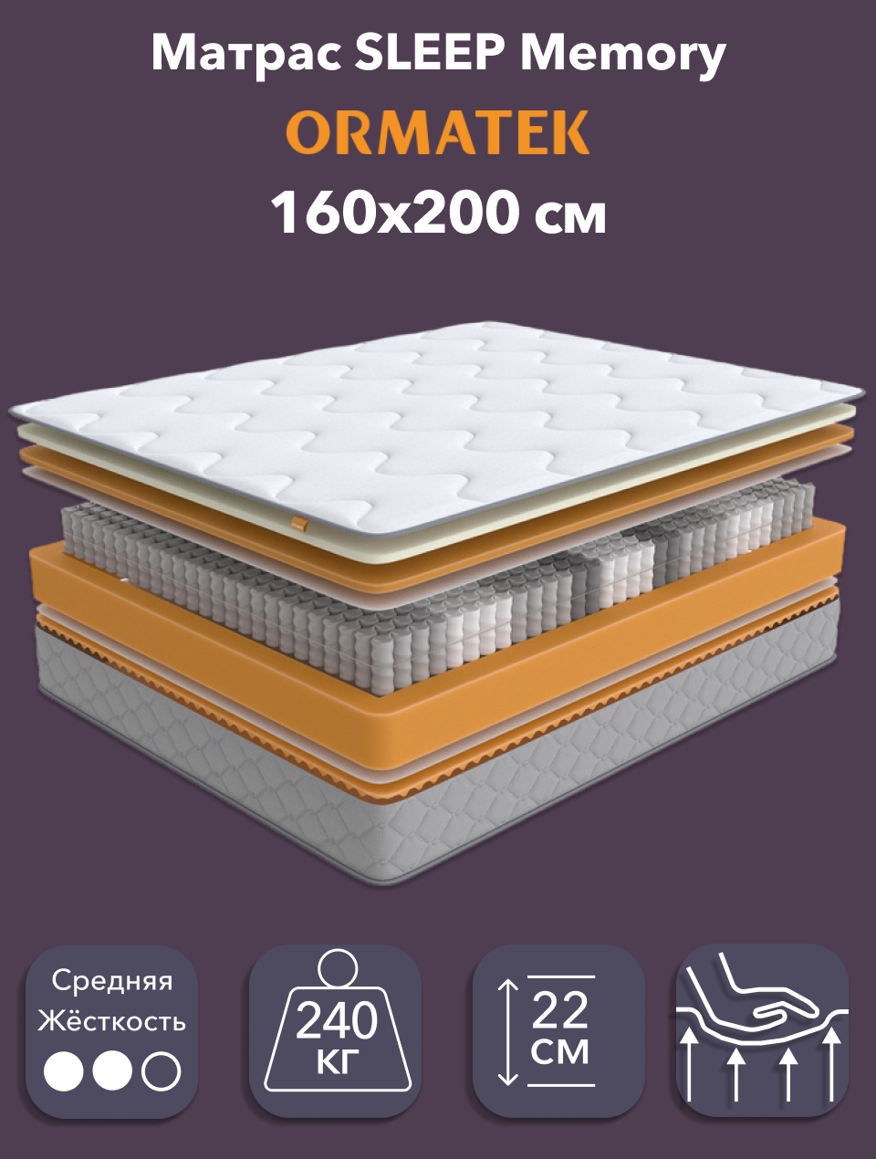 Орматек Матрас SLEEP Memory, Независимые пружины, 160х200 см, Двуспальный двусторонний анатомический матрас