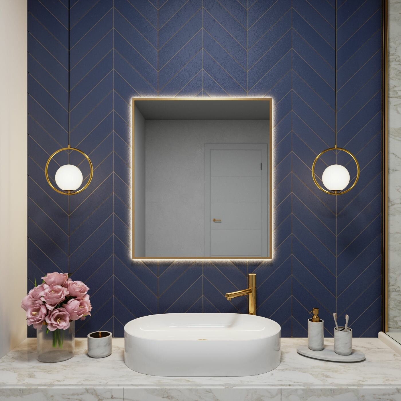 Зеркало настенное 70х60 см. BLX MIRROR с подсветкой в ванную в алюминиевой раме. Свет: Теплый белый 3000К, Золото