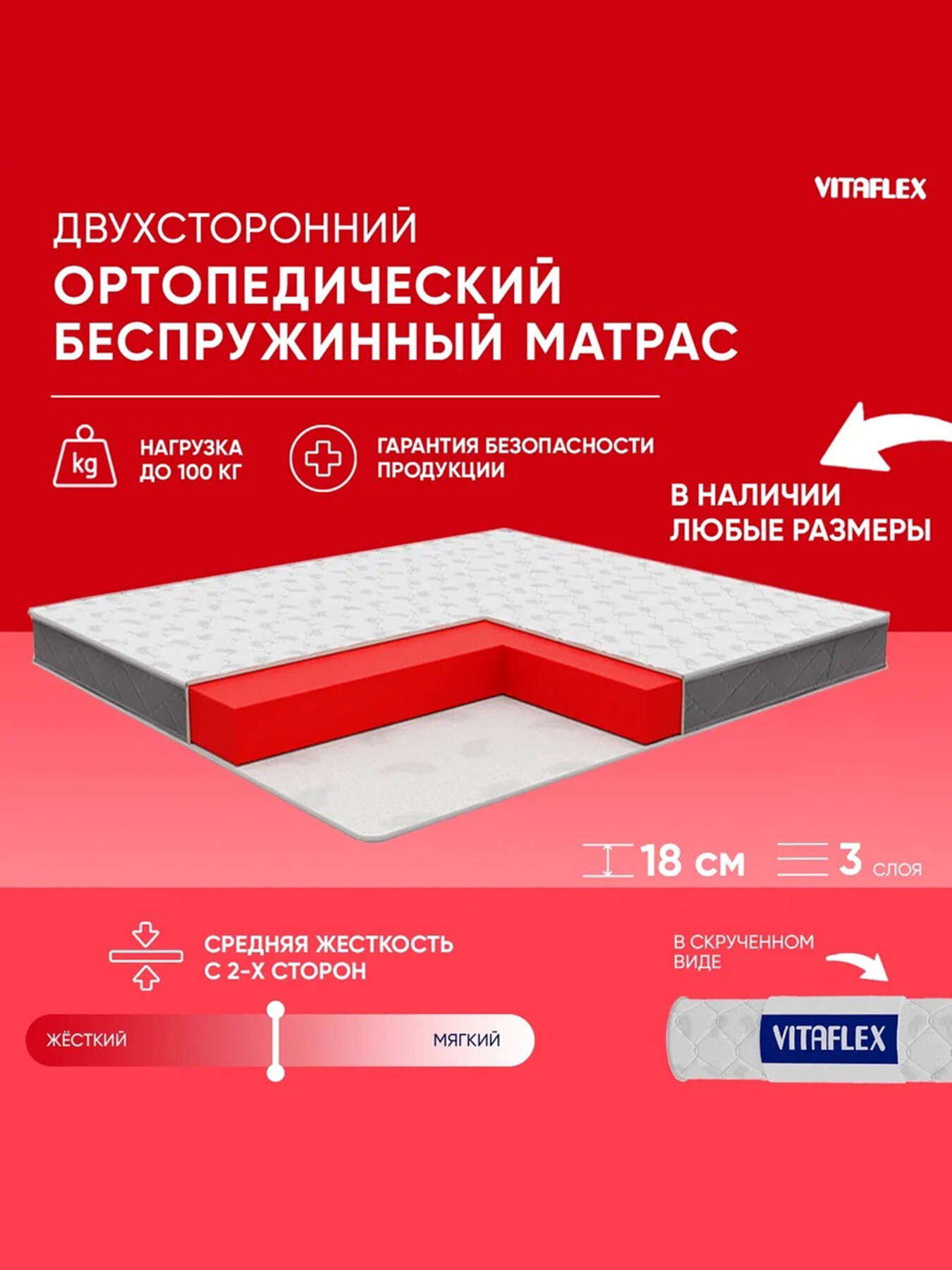 Матрас беспружинный 70х185 Vitaflex Anatomic Soft 17 Sk средняя жесткость, ППУ, в рулоне