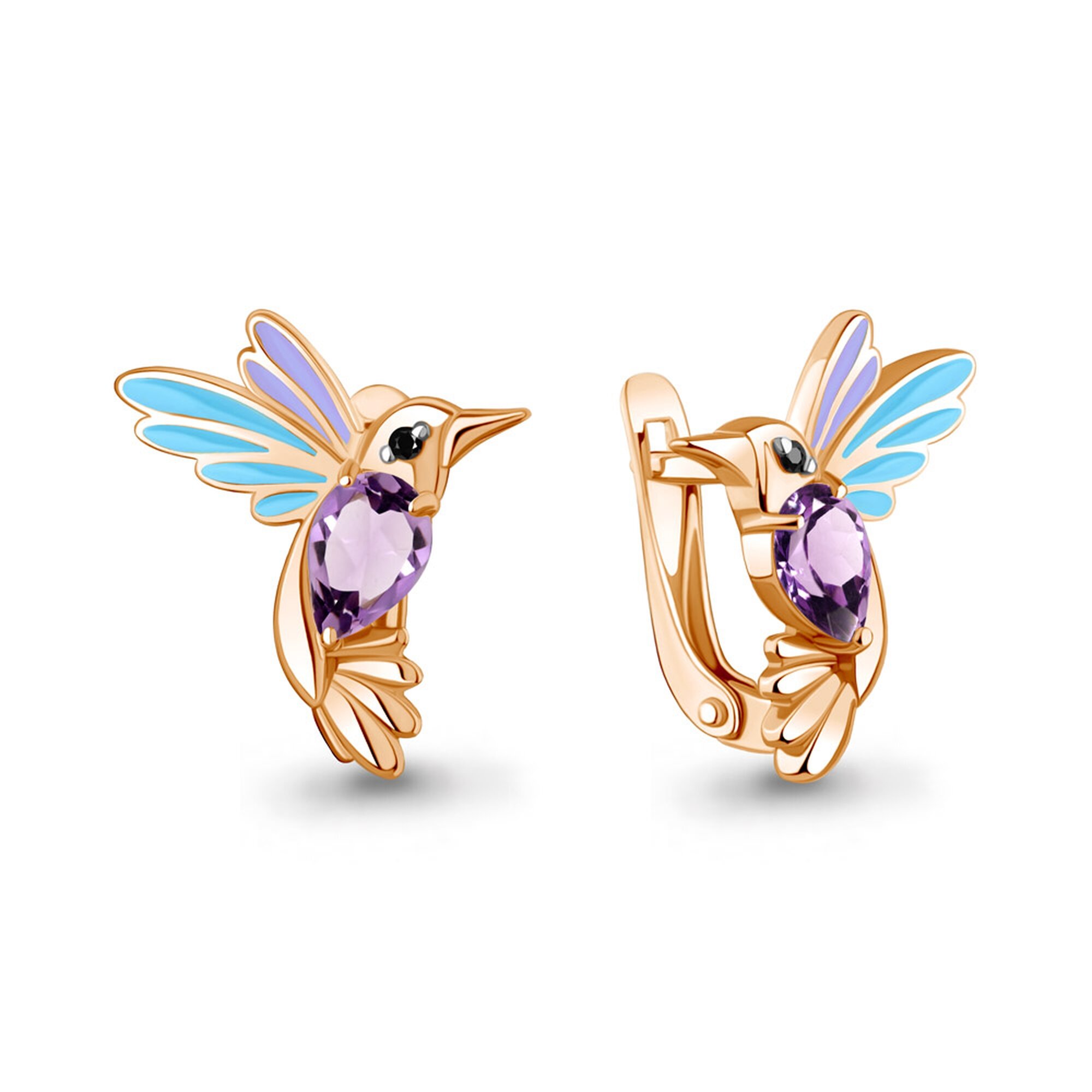 Серьги, серебро, 925 проба, золочение, аметист, кристалл, эмаль