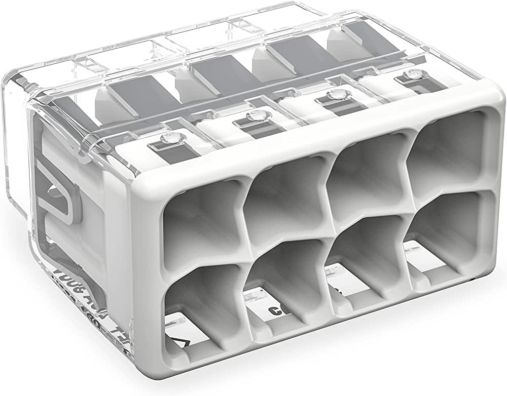 Клеммы Wago 2273-408 на 8 одножильных проводников сечением 0,5-2,5 кв. мм. 24А, прозрачные, без пасты, в коробке 40 шт.