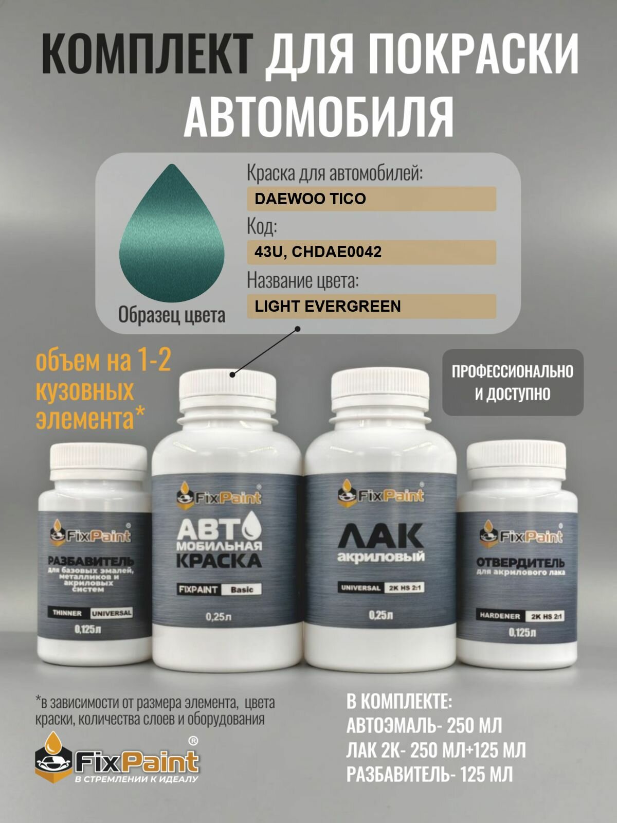 Комплект для покраски DAEWOO TICO, код 43U, CHDAE0042, LIGHT EVERGREEN, базовая автомобильная эмаль 250 мл, лак 2K 250 мл с отвердителем, разбавитель 125 мл, FixPaint Pro