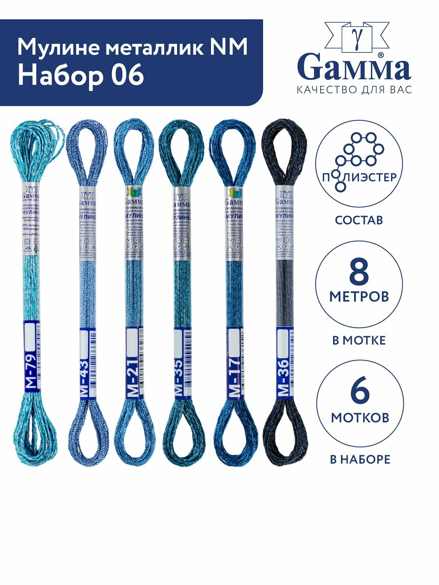 Нитки мулине металлизированные Гамма 7 штук NM_8 набор ассорти №06