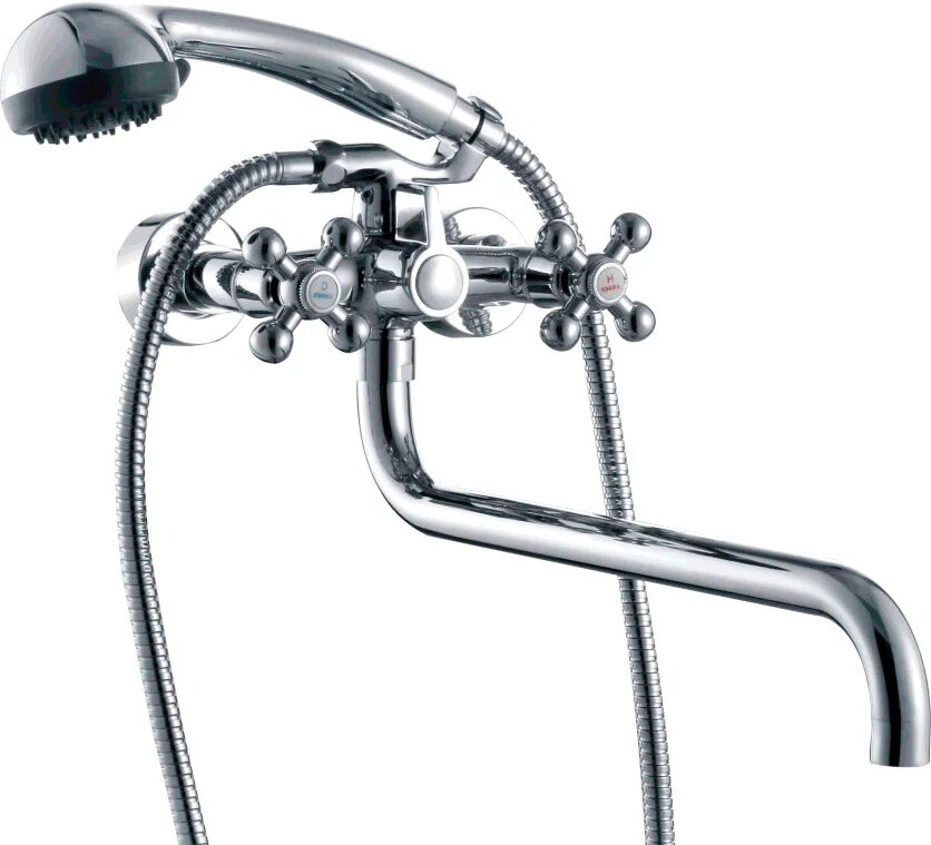 Смеситель с длинным изливом для ванны Kaiser Carlson Lux 11155 с душевым гарнитуром, поворотный, латунный, хром, глянцевый, смеситель для ванны с душем, вентильный