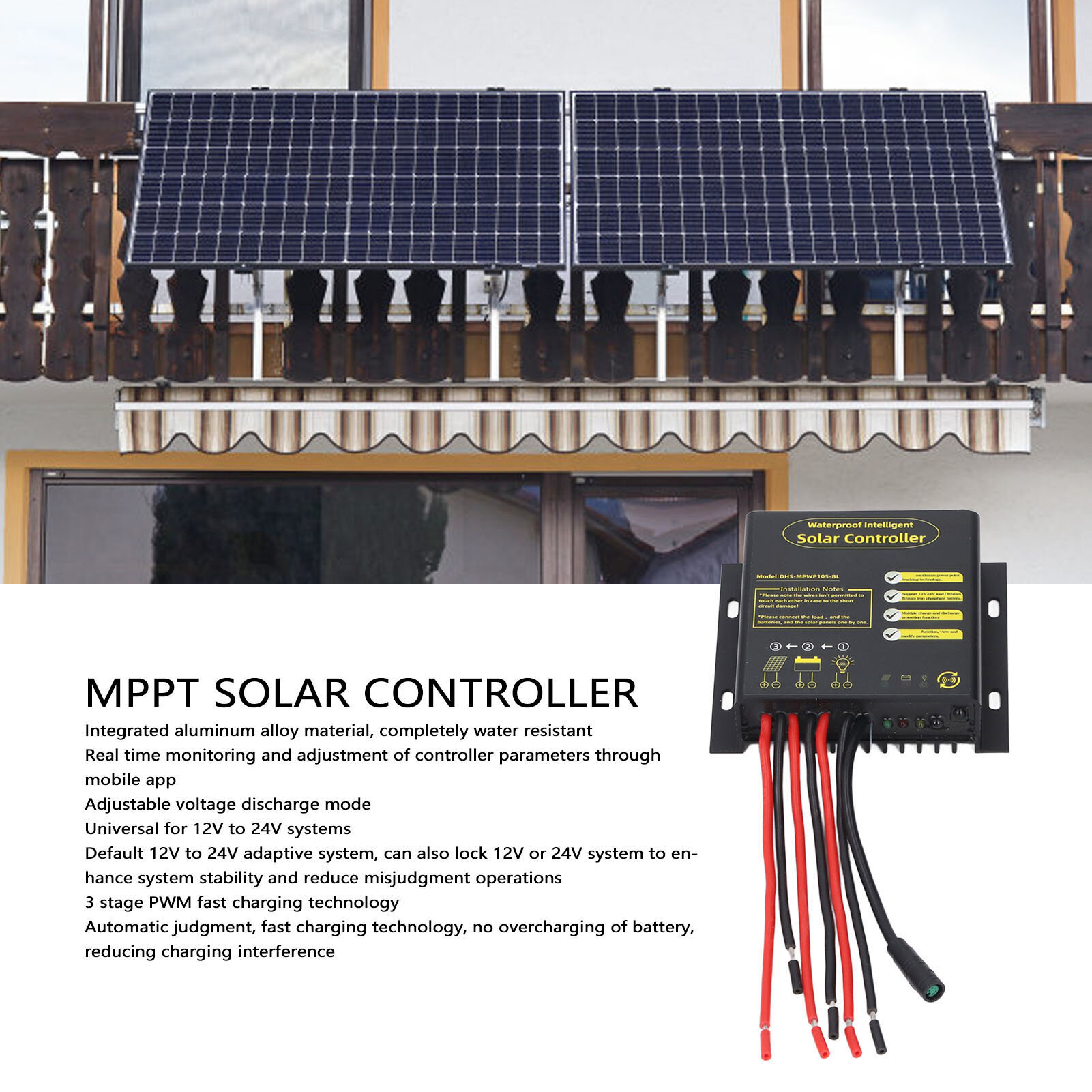 MPPT солнечный контроллер 12 В 24 В 10 А Bluetooth PWM быстрая зарядка водонепроницаемый универсальный для герметичного аккумулятора