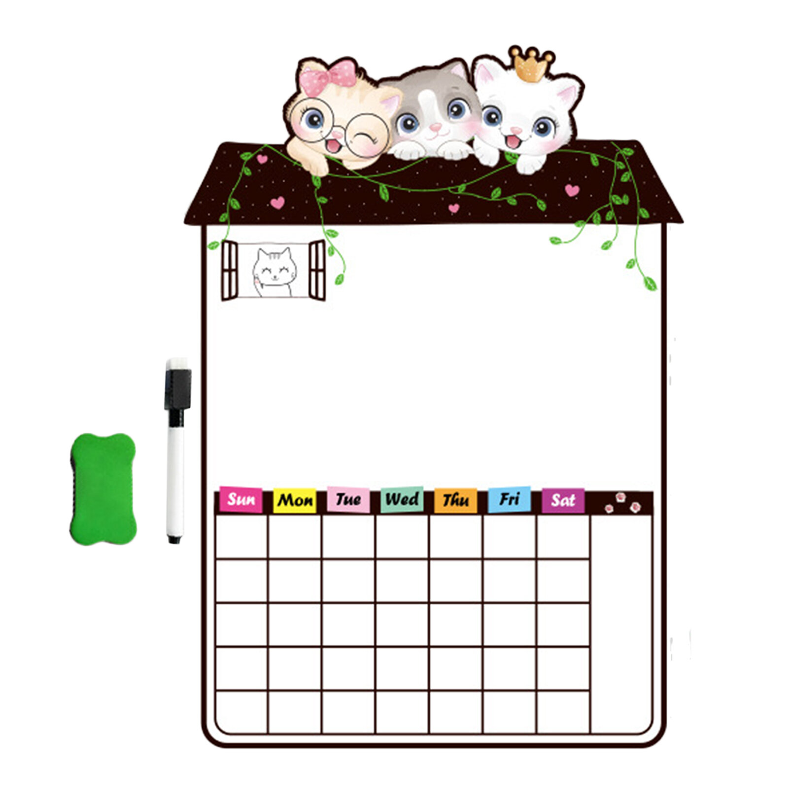 Магнитная доска на холодильник, мягкая магнитная ПВХ, сильная адсорбция, симпатичная доска для заметок на холодильнике с ручкой и ластиком, кошка (38,5x41,1 см/15,2x16,2 дюйма)