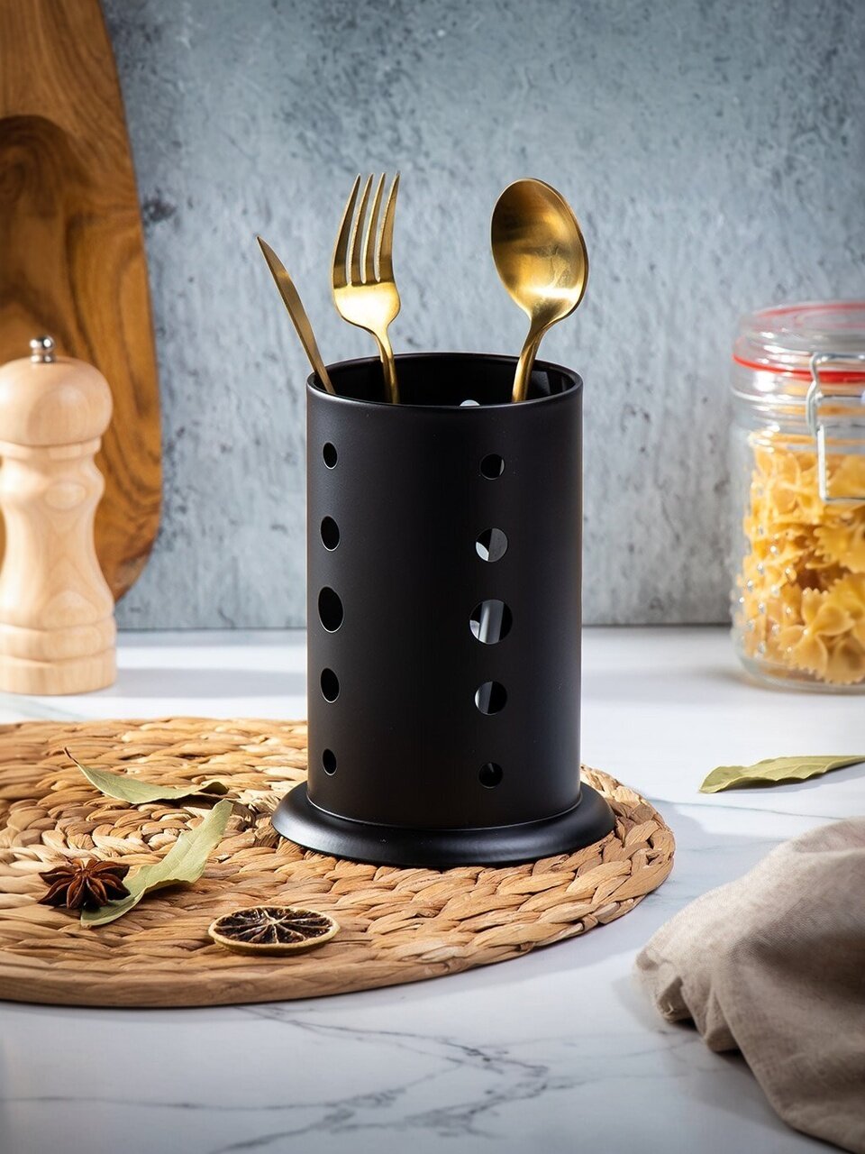 Подставка для столовых приборов, металл, круглая, 16.5х10х12 см, черная, Y4-6215