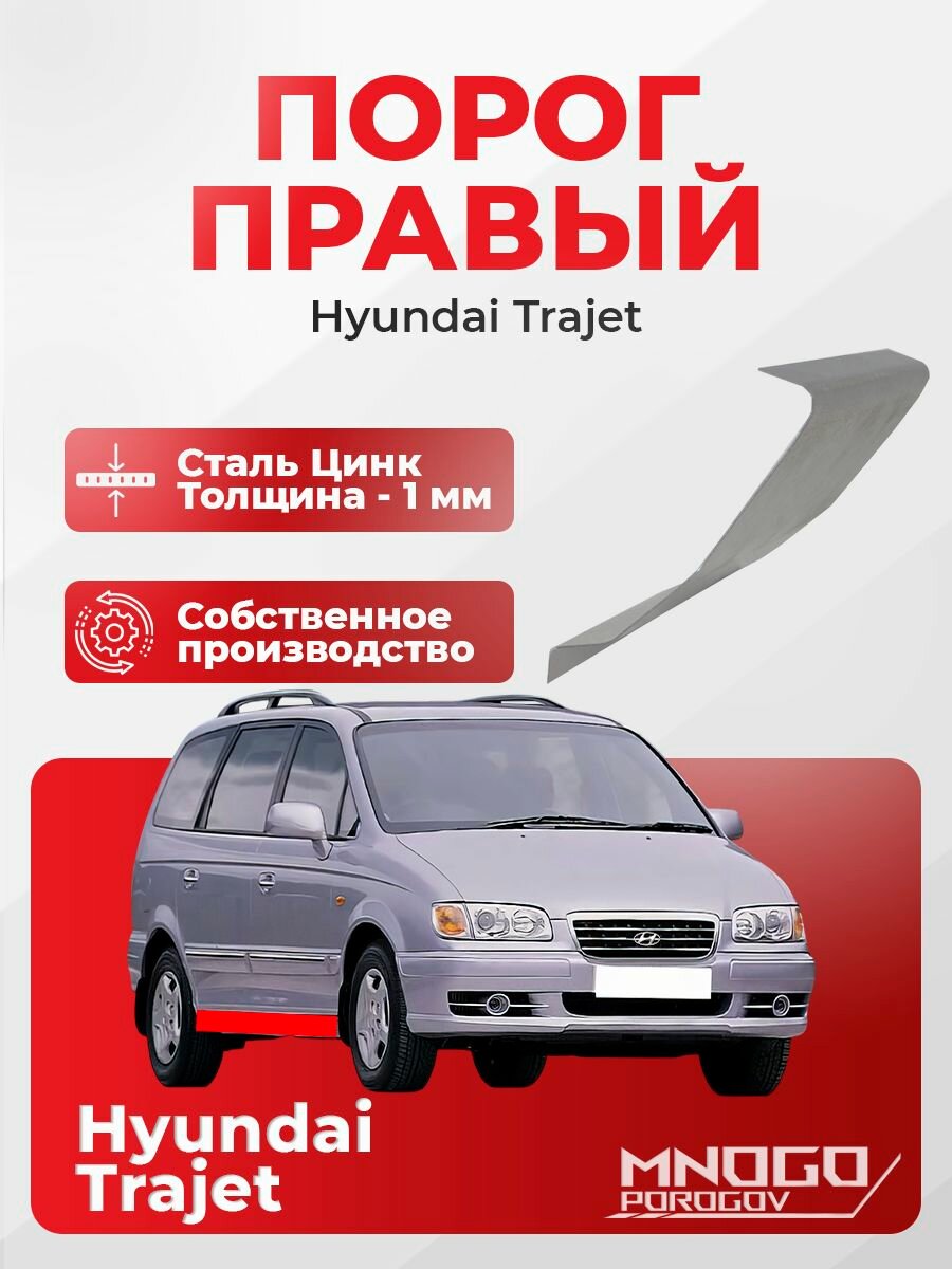 Правый порог на Hyundai Trajet 1 минивэн 4 двери 1999-2008 оцинкованная сталь, толщина 1 мм (Хендай Траджет), правая сторона, кузовной ремонт.