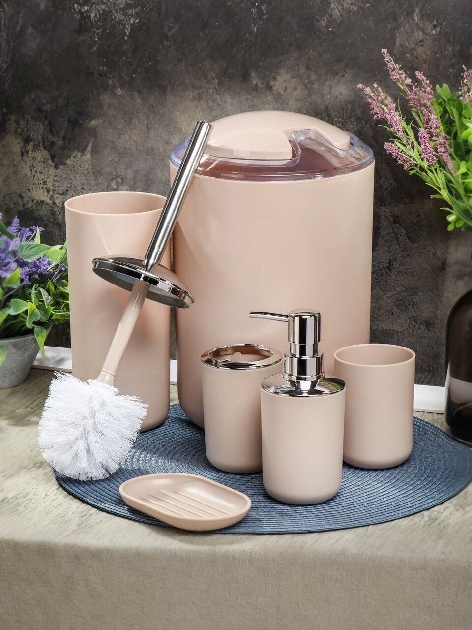 Набор для ванной 6 предметов, пластик, бежевый, ведро, ершик, стакан, подставка, дозатор, мыльница, Y4-6500