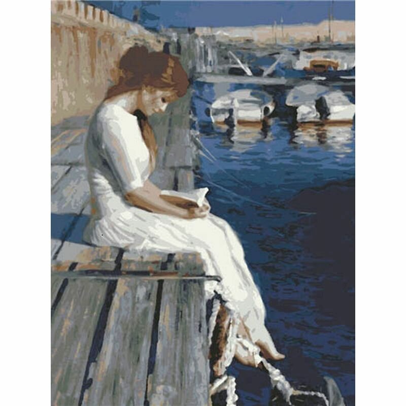 Алмазная картина "Портрет девушки у моря" алмазная огранка 40х50 см,40X50CM, белый