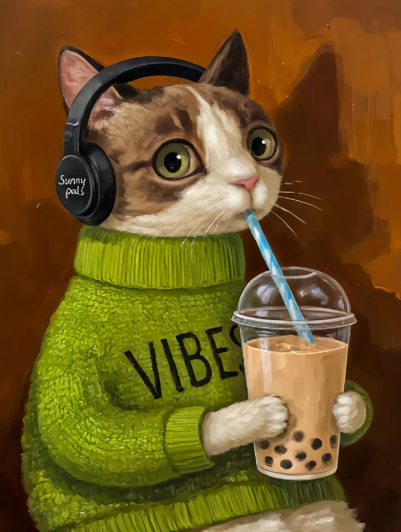 Холст "Кот в наушниках с bubble tea", 20x30см, Фуксия