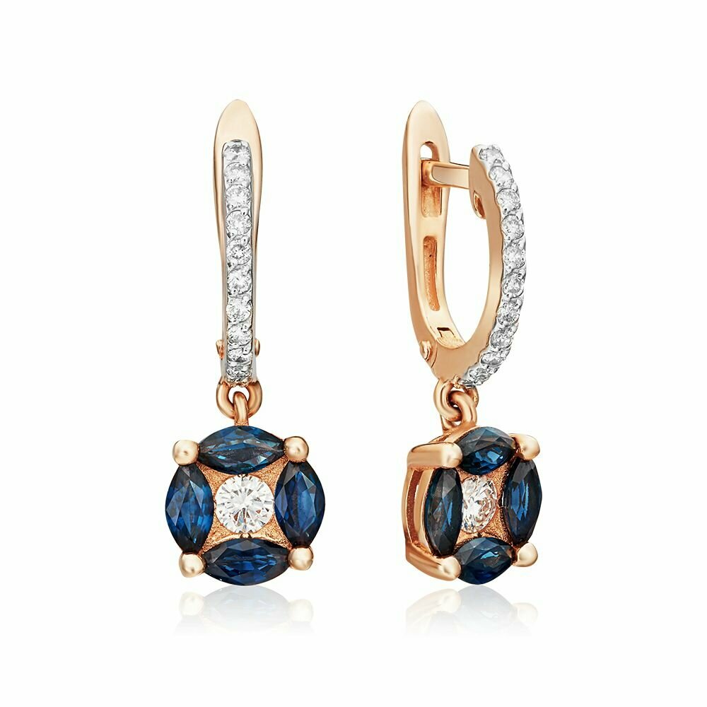 Серьги, красное золото, 585 проба, бриллиант, сапфир