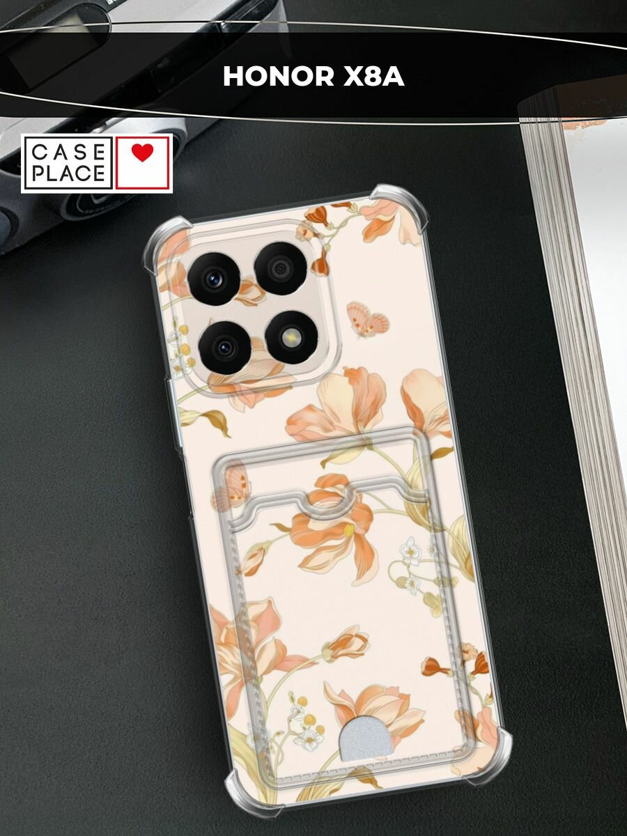Чехол на Honor X8A (Хонор X8A) с картой и принтом Нежные оранжевые цветы