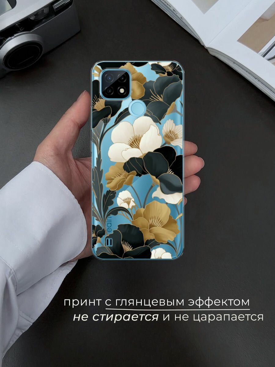 Силиконовый чехол на Realme C21 / Реалми С21 с принтом Золотые цветы — фото 1