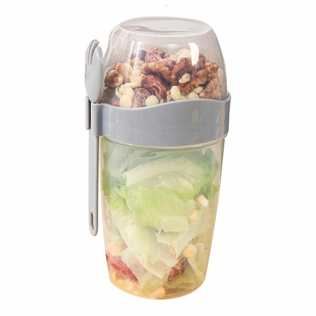 Переносная чашка для салата большой емкости с ложкой-серая