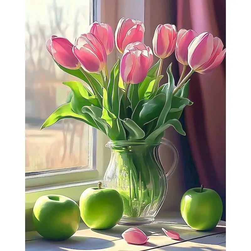 Алмазная картина "Тюльпаны у окна" 20x30 см, Full Square, DZDP96674