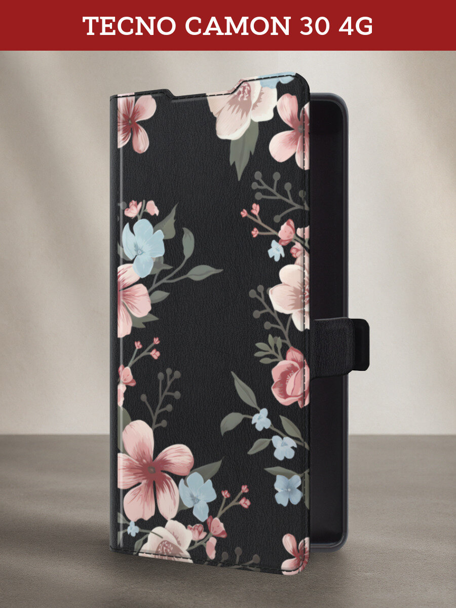 Чехол-книжка на Tecno Camon 30 4G/Tecno Camon 30 5G / Текно Камон 30 4G с принтом Нежная рамка из цветов, черный