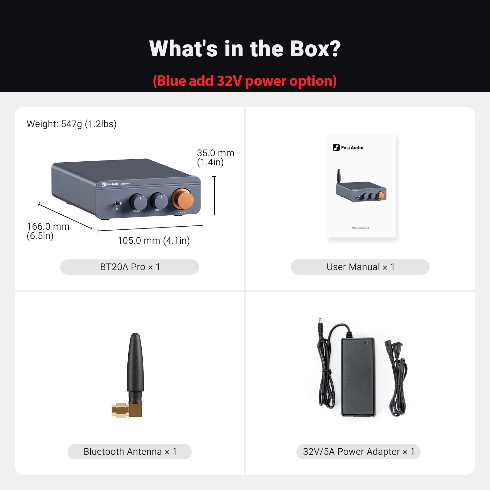 Fosi Audio BT20A Pro Bluetooth усилитель, blue 32V