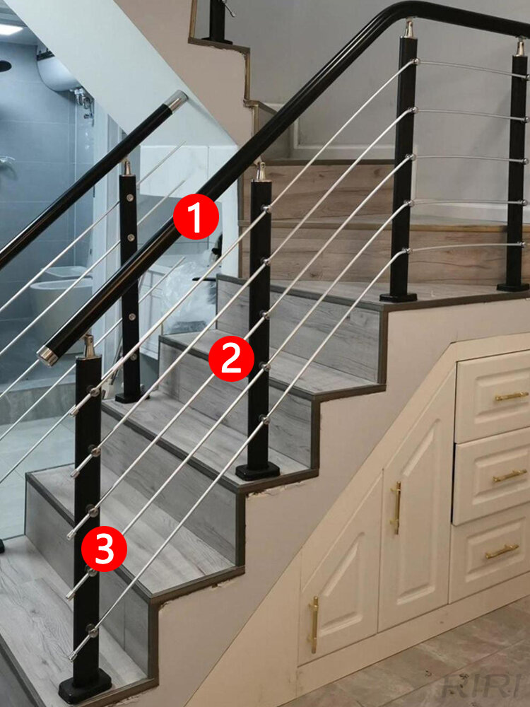 Перила для лестниц и ограждения для крыльца, балкона, лофта, 1 поручень + 2 стойки (углеродистая сталь) + 4 перекладины (нержавейка), Полный комплект