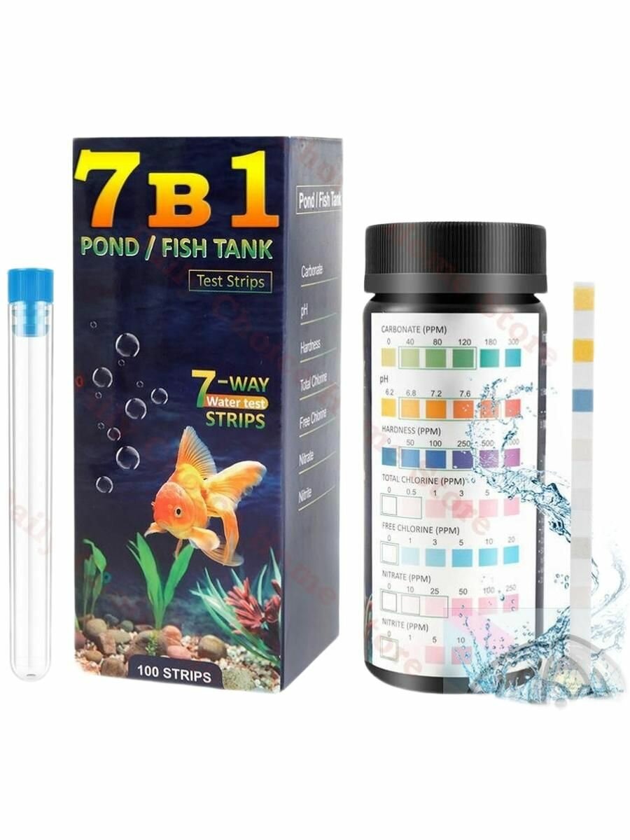 Тест-полоски для аквариумной воды 7 в 1, 100 шт полный набор для проверки pH, хлора, нитратов, нитритов, карбонатной жесткости (KH, GH)66