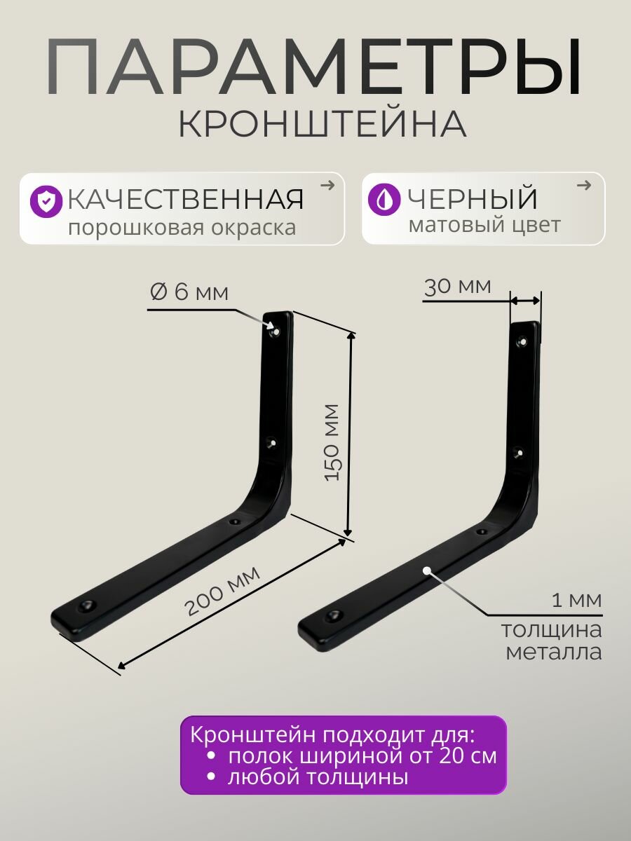 Кронштейн для полки , полкодержатель,150*200мм, черный, максимальная нагрузка 20кг, 2шт — фото 1