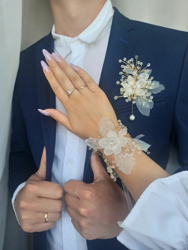 Комплект из 2 шт. Свадебная бутоньерка для жениха/браслет на руку невесте