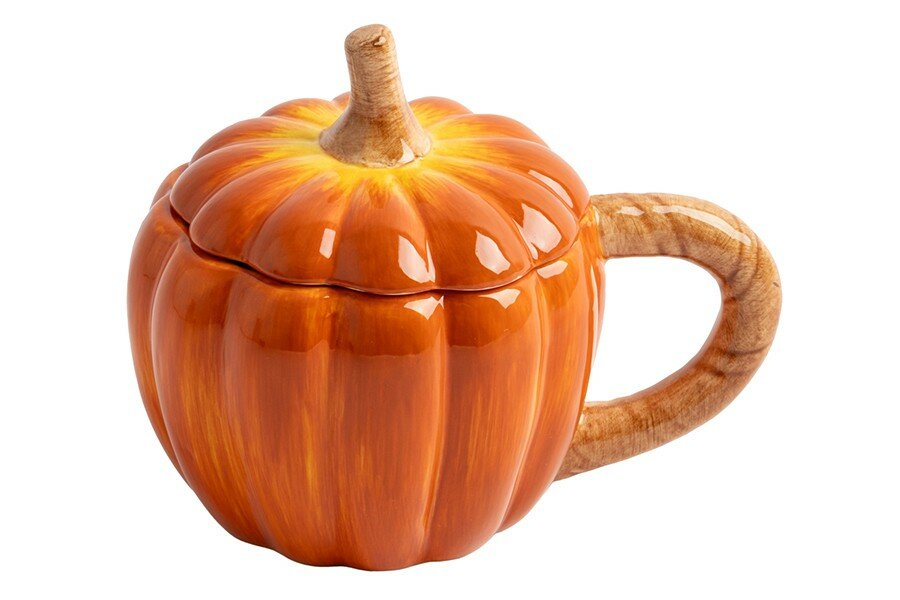 Кружка, 450 мл, с крышкой, керамика, оранжево-зеленая, Тыква, Bright pumpkin