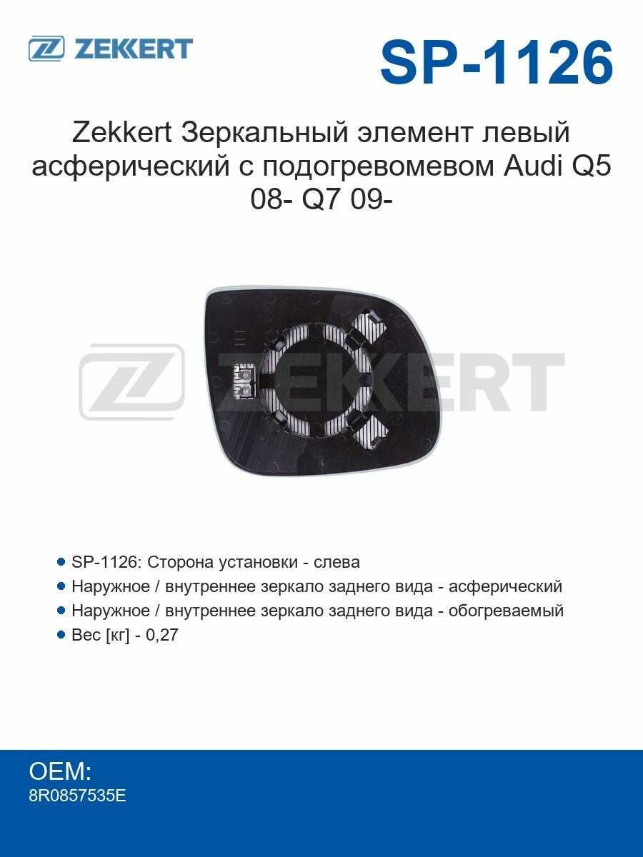 Zekkert Зеркальный элемент левый асферический с подогревом Audi Q5 08- Q7 09-