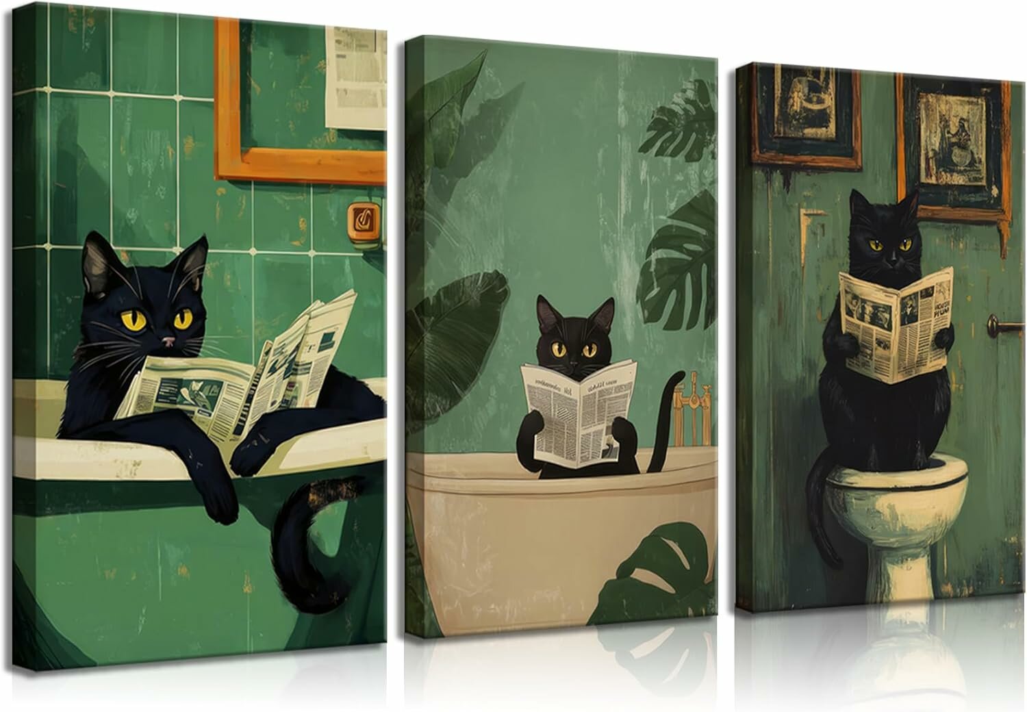 Набор из 3 Картина для ванной на холсте: Забавный черный кот с газетой, винтажное изображение зеленого унитаза. Эстетичный и необычный декор для ванной комнаты. Без рамы.