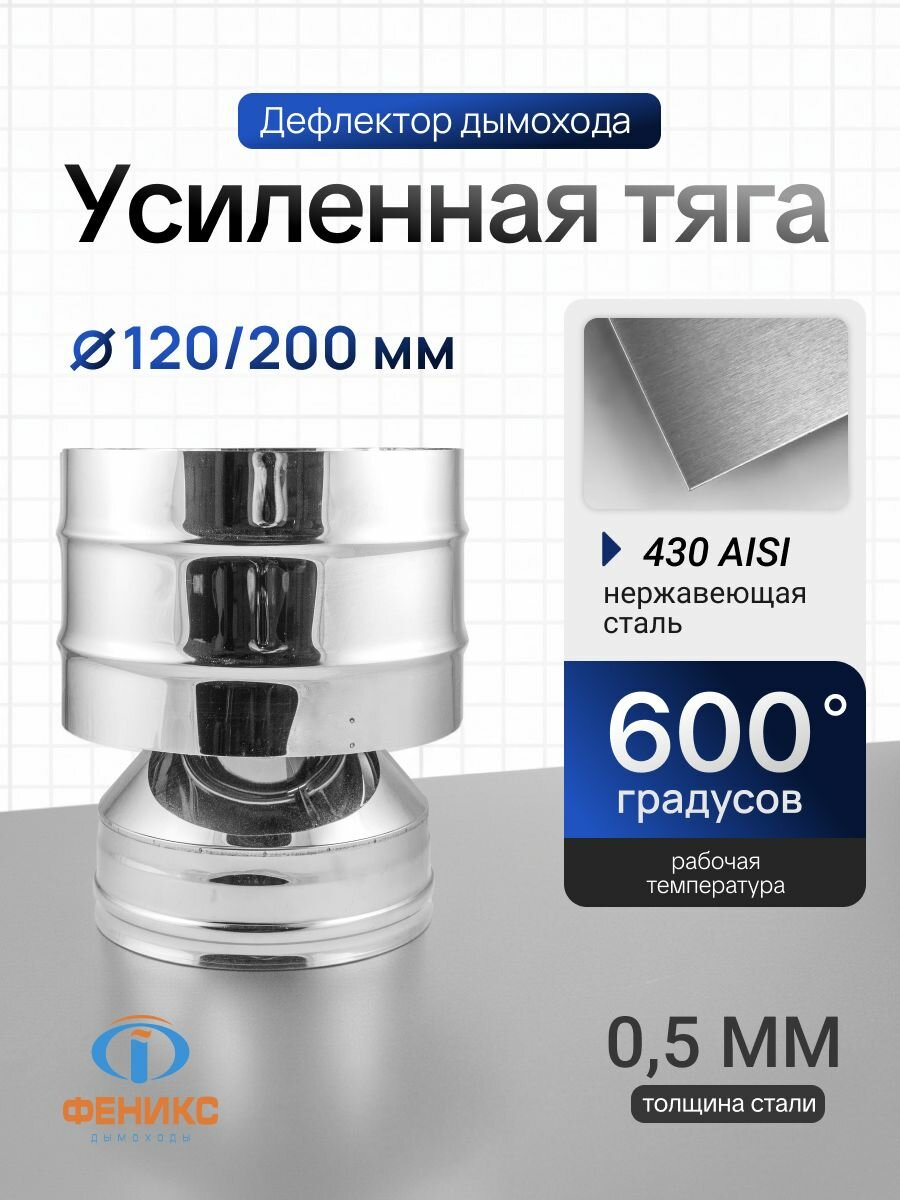Дефлектор на трубу дымохода феникс D120/200 мм, AISI 430, толщина стенки 0.5 мм