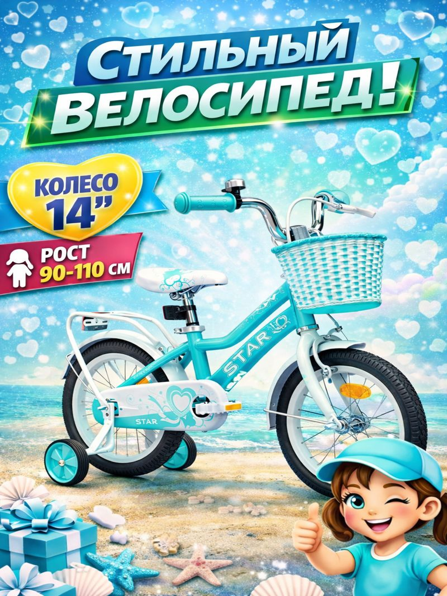 Велосипед детский 702-14" STAR / бирюзовый / на рост: 90-110см или от 3 до 5 лет