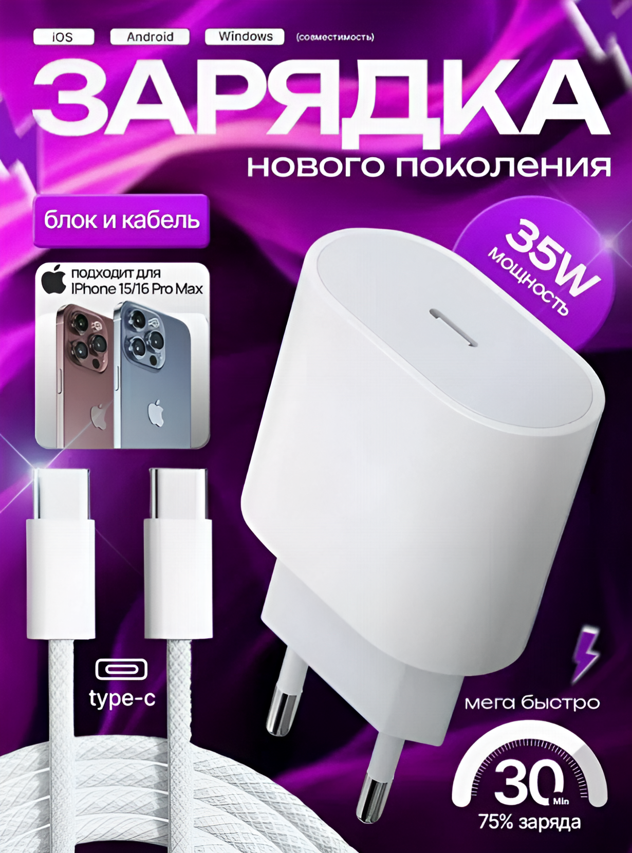 Быстрое зарядное устройство, Premium 35 W, для iPhone 15 и 16, iPad, AirPods и Android/Type C-Type C/Белый