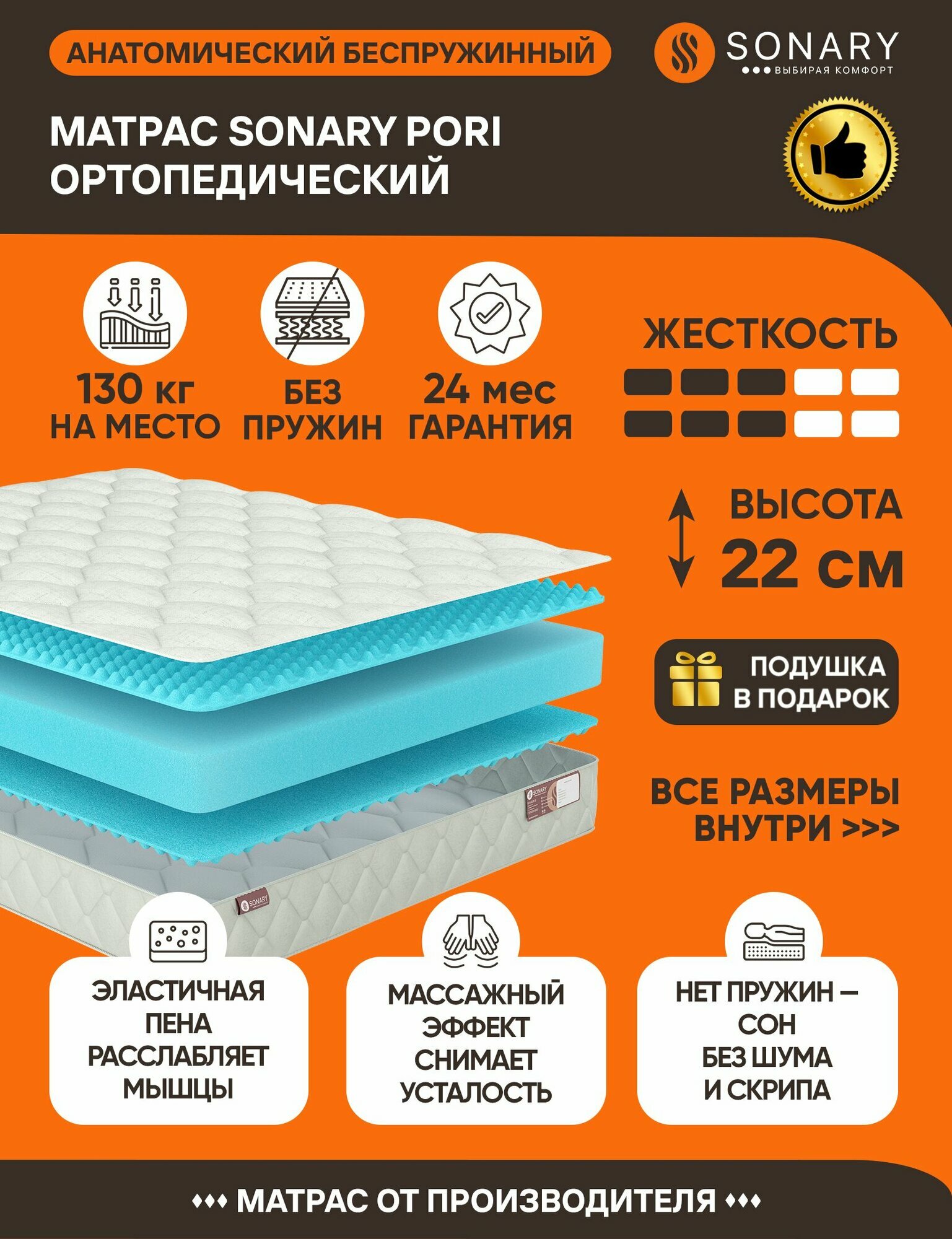 Матрас Sonary Pori 220х170 серии Foam высота 22 см анатомический средней жесткости Беспружинный