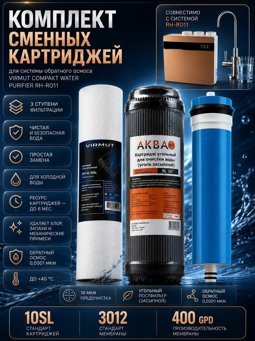 Комплект сменных картриджей для системы обратного осмоса VIRMUT COMPAKT WATER PURIFIER RH-RO11
