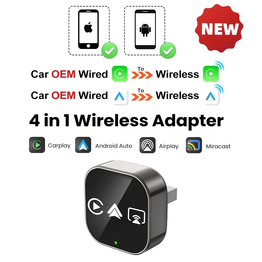 Беспроводной адаптер 4-в-1 CarPlay/Android Auto/Airplay/Miracast, V10-Zong-Cable-4