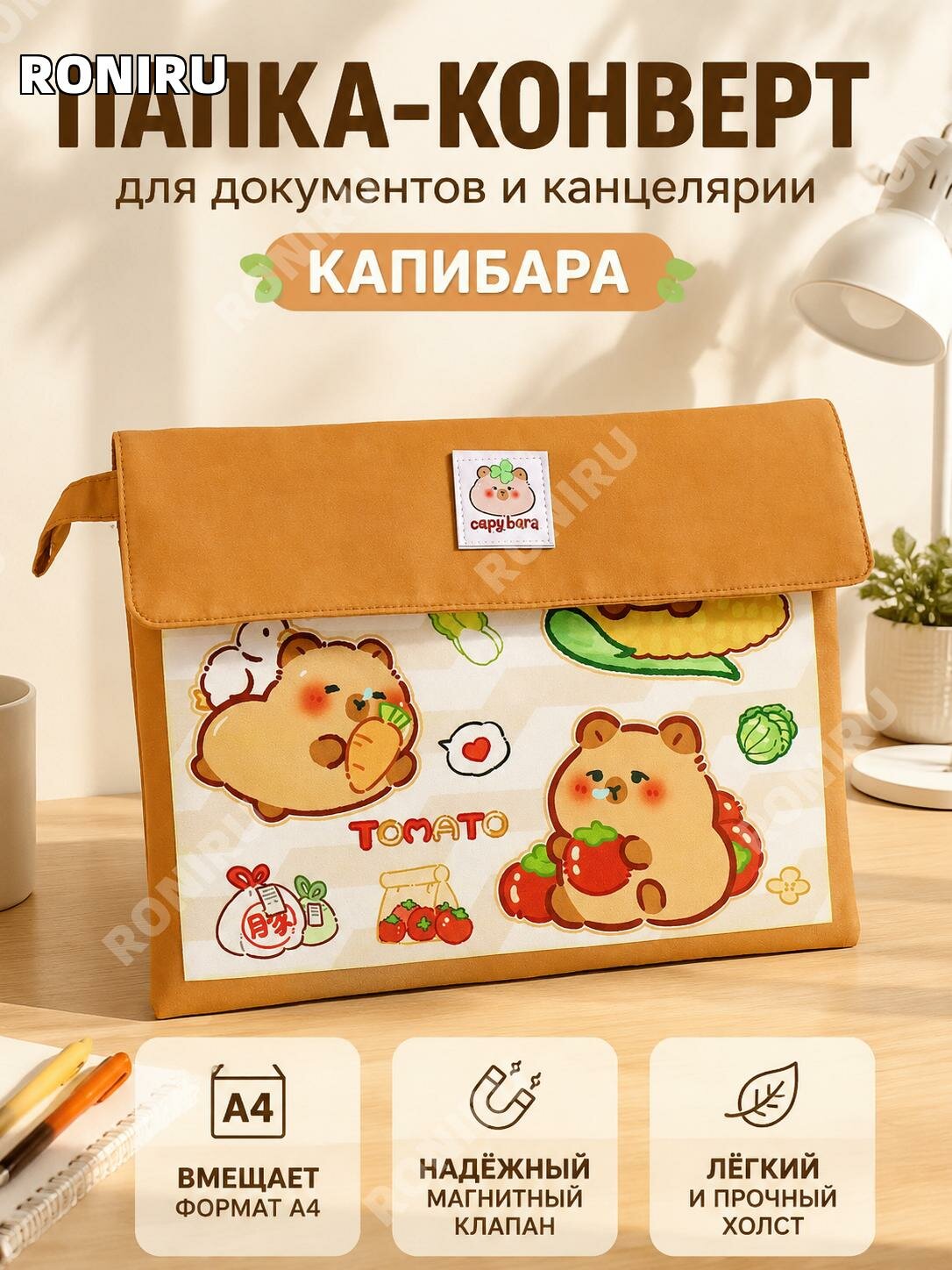 Папка-конверт A4 Капибара из холста на магнитной кнопке